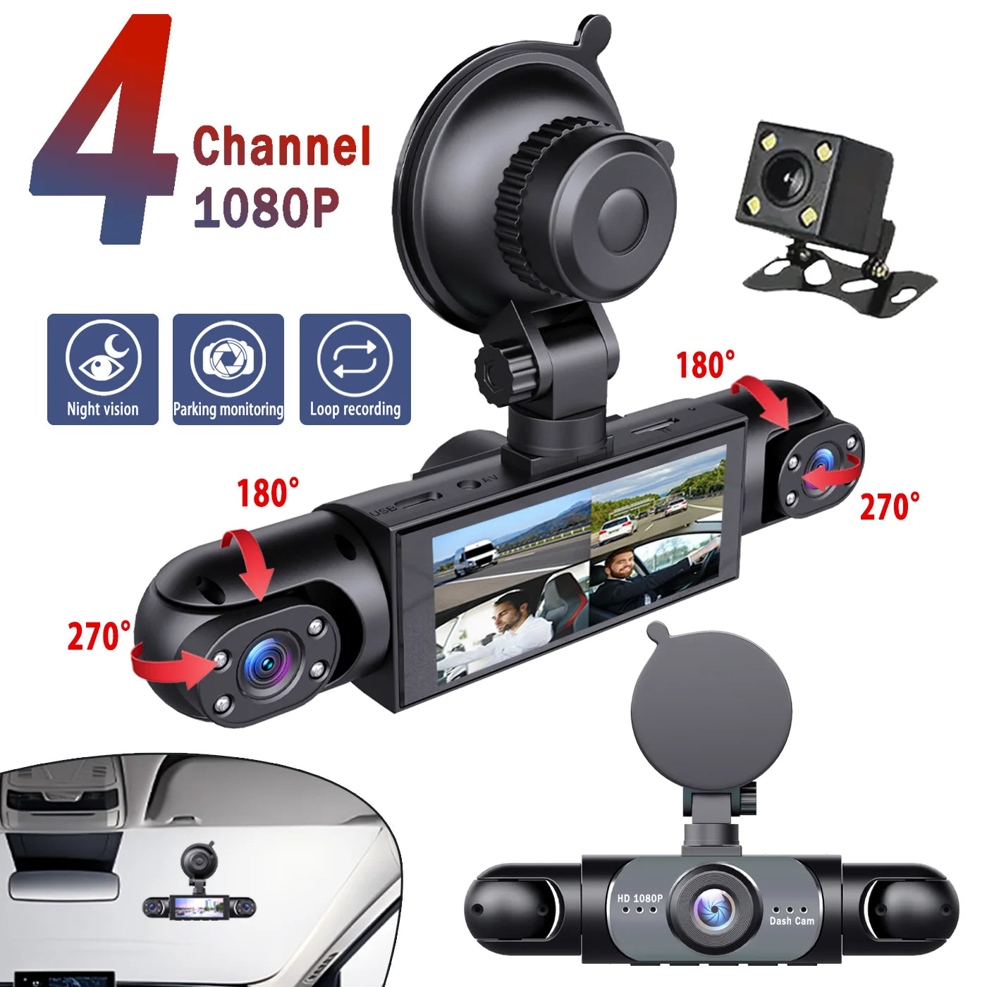 1080P 4-Channel Car DVR with HD Display, Front and Rear Cameras, Night ...
